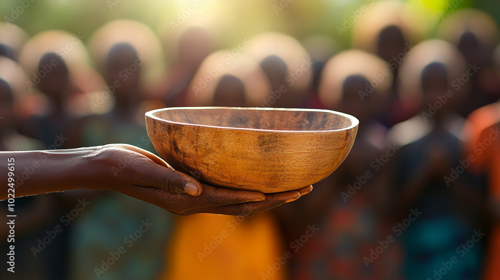 African child's hand holding an empty wooden bowl symbolizes hunger and ...