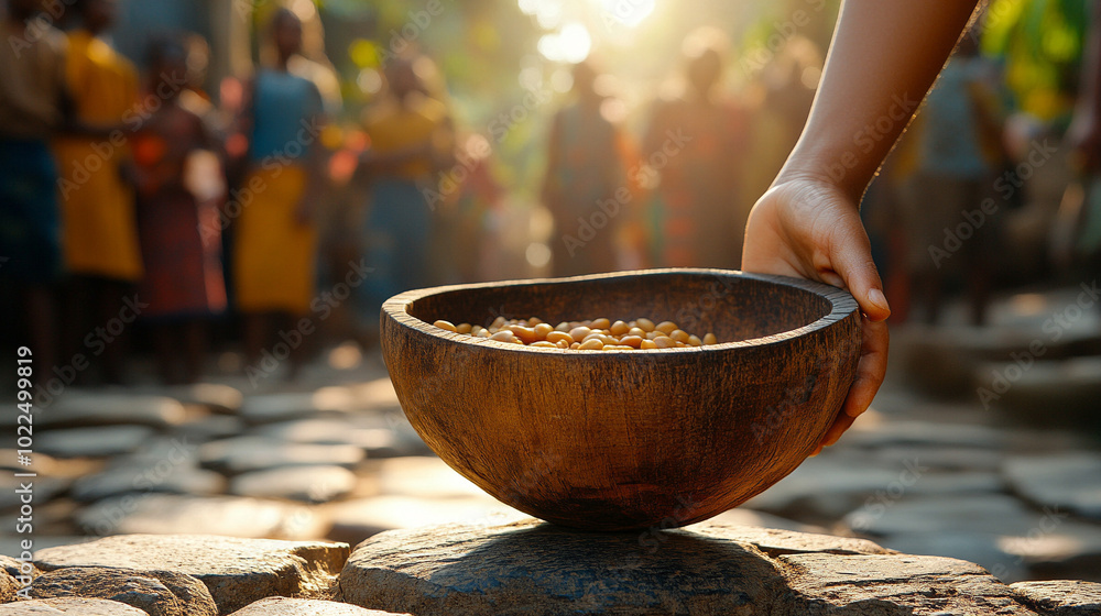 African child's hand holding an empty wooden bowl symbolizes hunger and ...