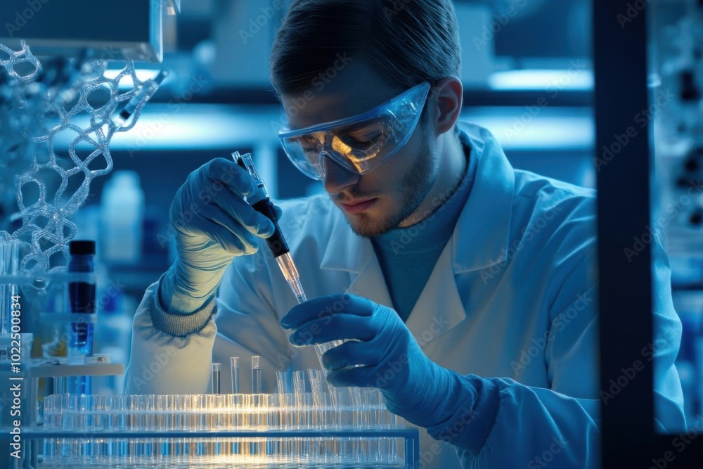 Molecular biology experiment, lab technician using pipette to transfer ...
