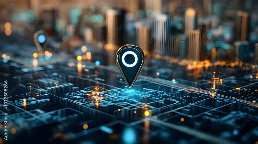 Blue location pin icon prominently displayed on an urban city map, indicating specific ...