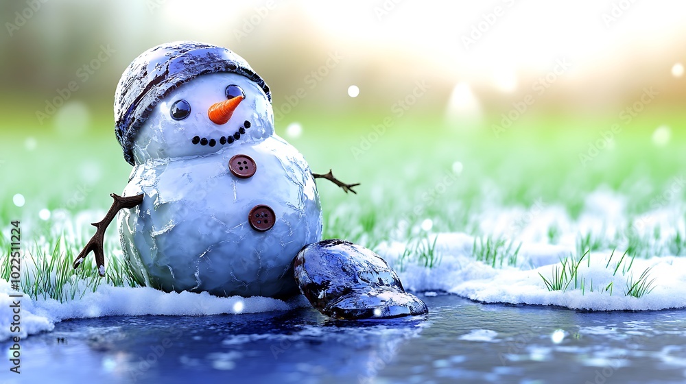 A deformed snowman melting under the strong midday sun, with one arm ...