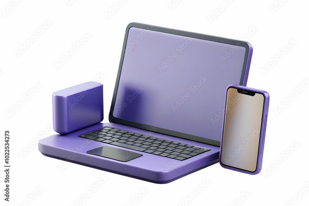 Glossy Laptop and Smartphone on Plain Desk with Copy Space - Modern ...