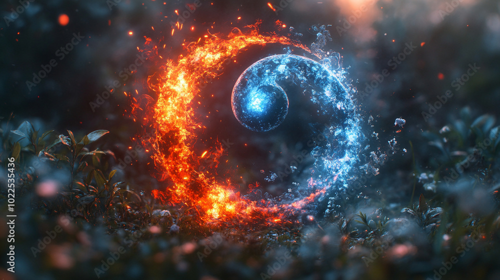 yin-yang symbol, where red fire and blue water elements intertwine ...