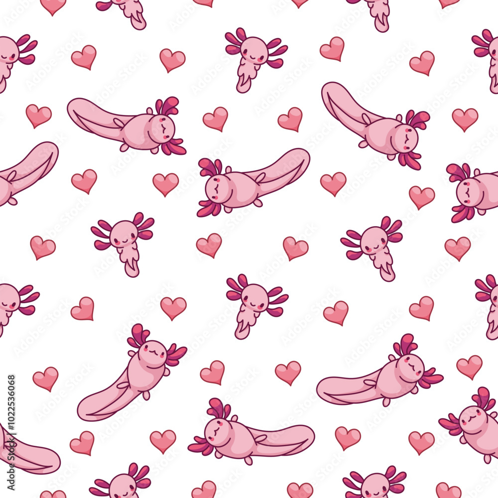 Cute axolotl character. Seamless pattern. Kawaii ambystoma amphibian ...