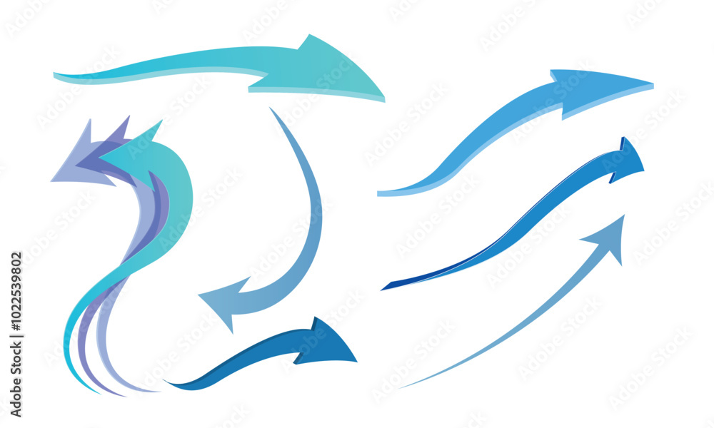 Blue arrows clean fresh air flow collection. Flat style curved arrow ...