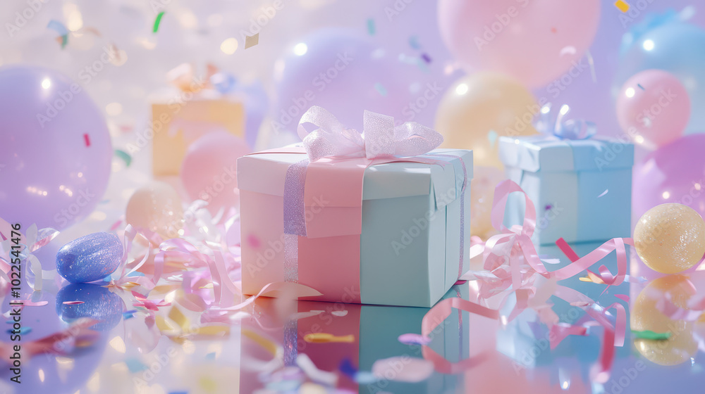 Photo & Art Print Pastel gift boxes in a spiral with confetti and ...