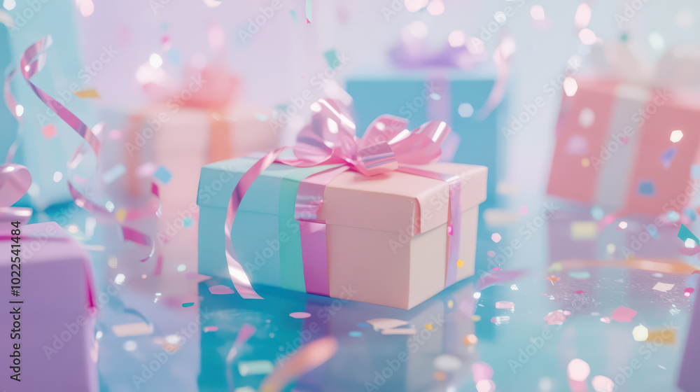 Pastel gift boxes in a spiral with confetti and streamers on a ...