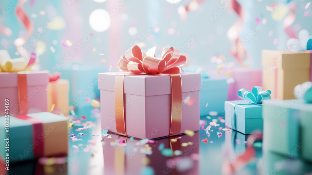 Pastel gift boxes in a spiral with confetti and streamers on a ...