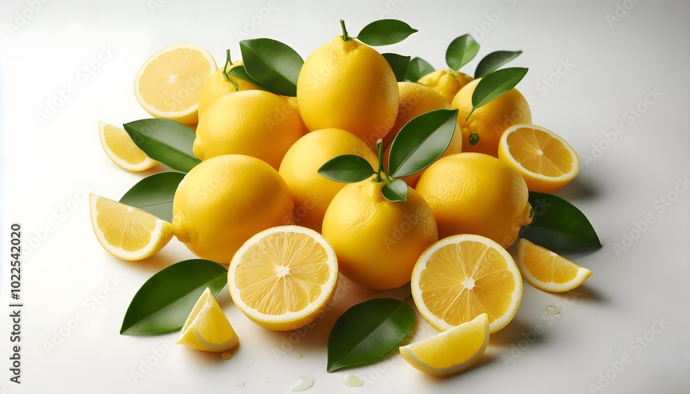 lemons, sliced lemons and lemon leaves, on an isolated white background ...