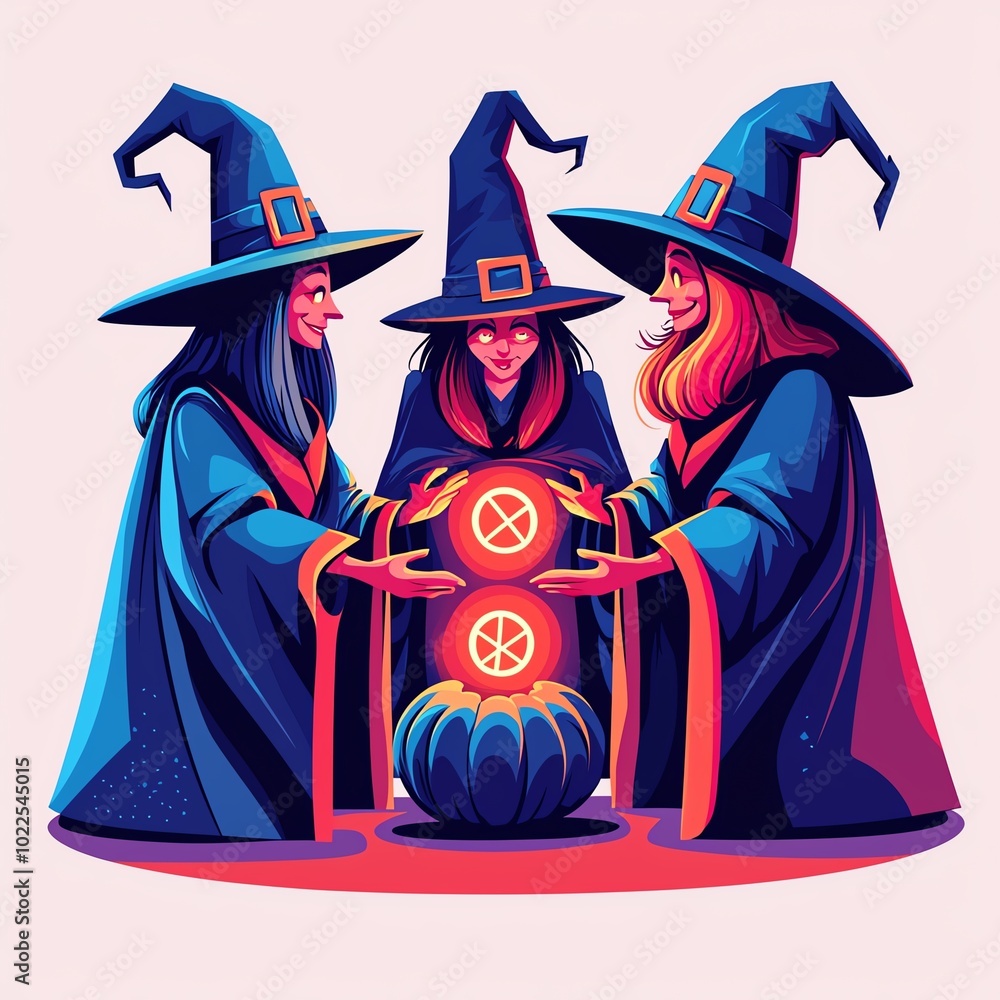 Three witches in colorful robes cast a spell around a glowing potion ...