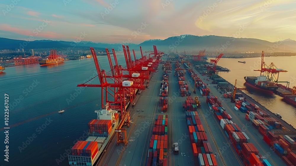 Aerial hyperlapse of cargo terminal loading shipping containers onto ...