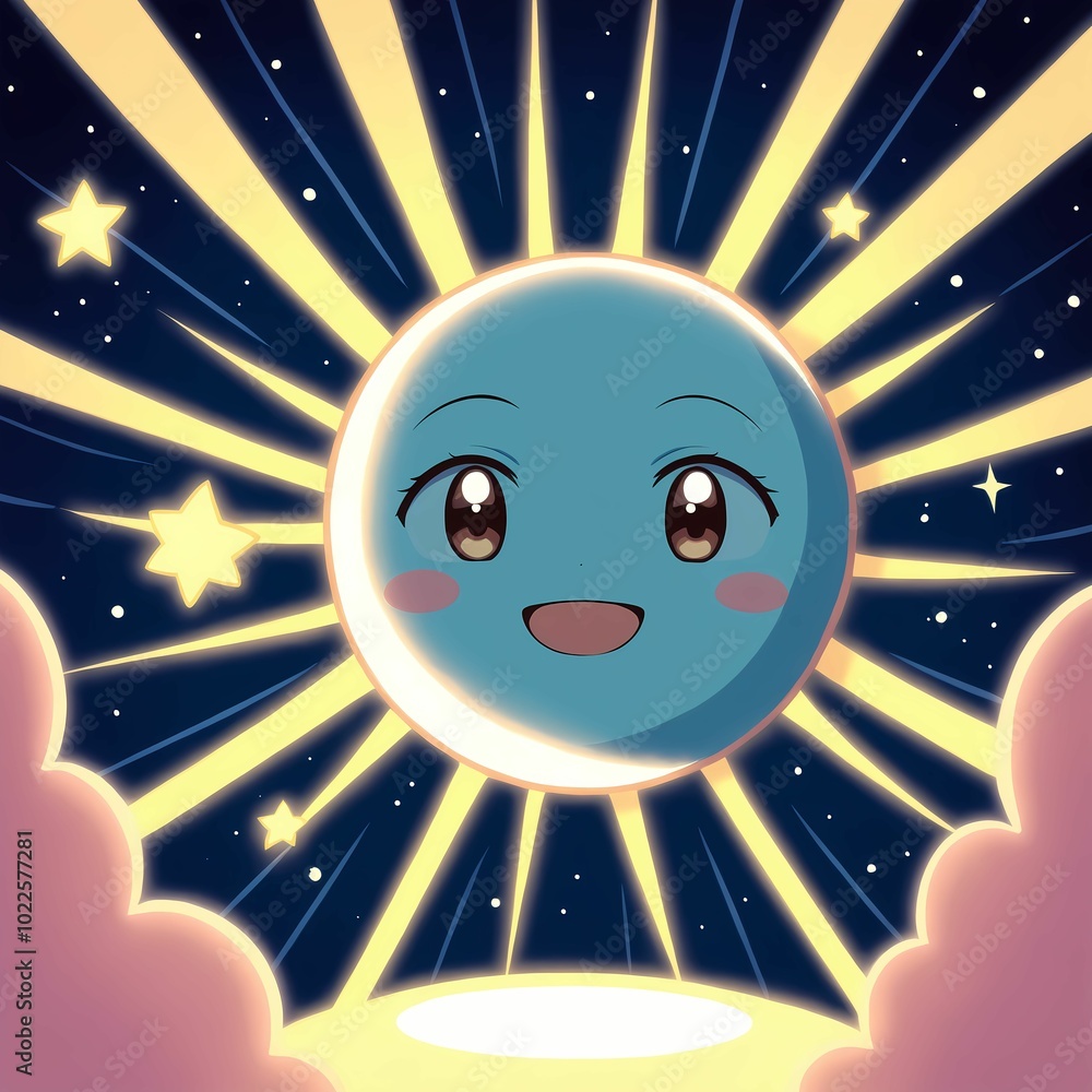 Cute Cartoon Moon with Smiling Face and Stars in Night Sky Stock Photo ...