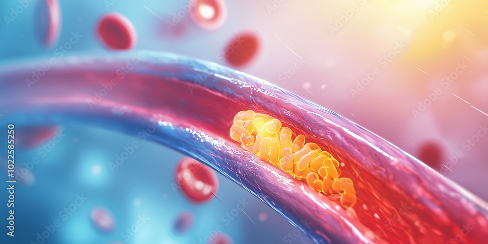 Artistic representation of a blood vessel with a gold-colored organ ...
