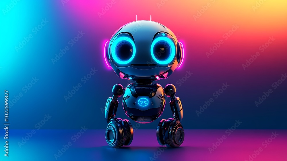 Little cute robot with neon blue lights on a monitor as eyes; High ...