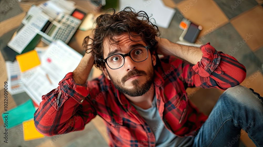 Man sitting on the floor looking stressed. This photo illustrates the ...