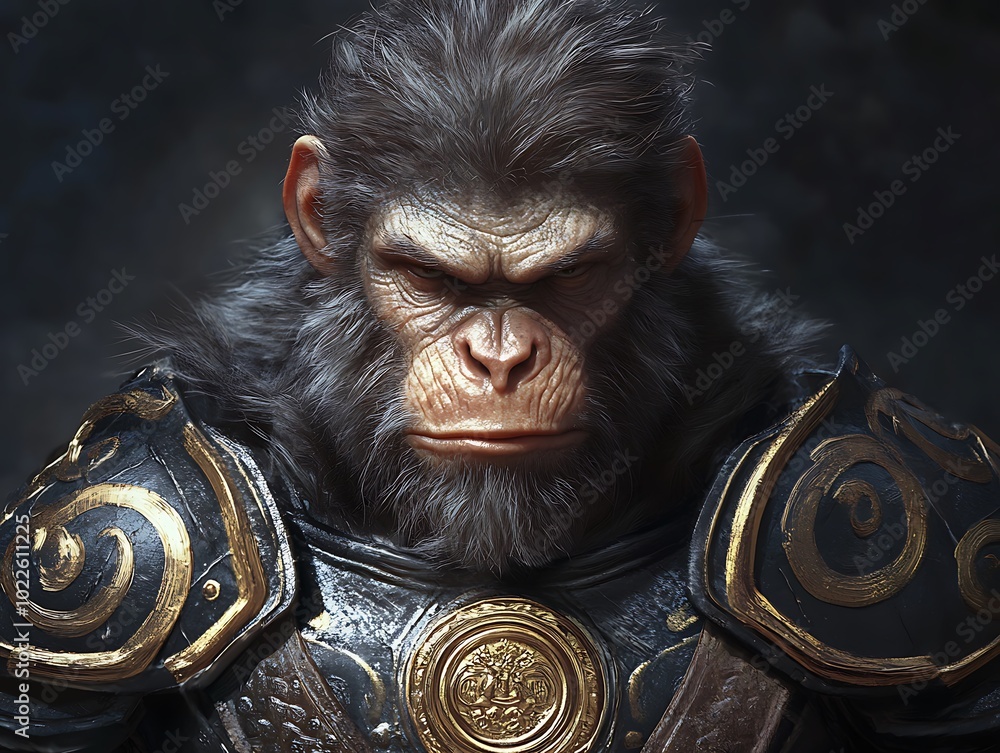 3D realistic illustration of a muscular angry monkey figure in armor ...
