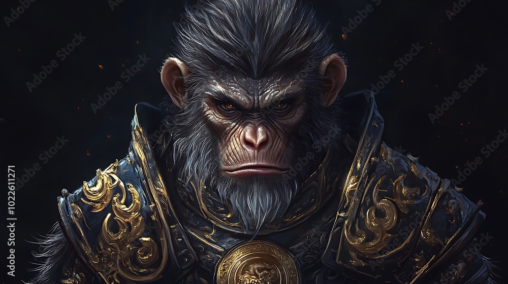 3D realistic illustration of a muscular angry monkey figure in armor ...
