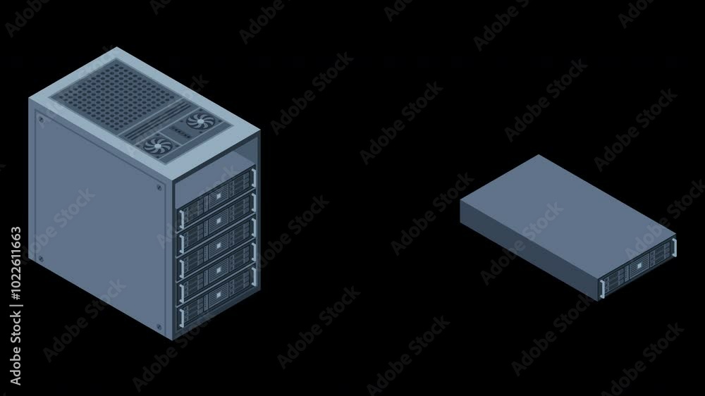 Isometric server animation. Server racks. Server boxes isolated ...