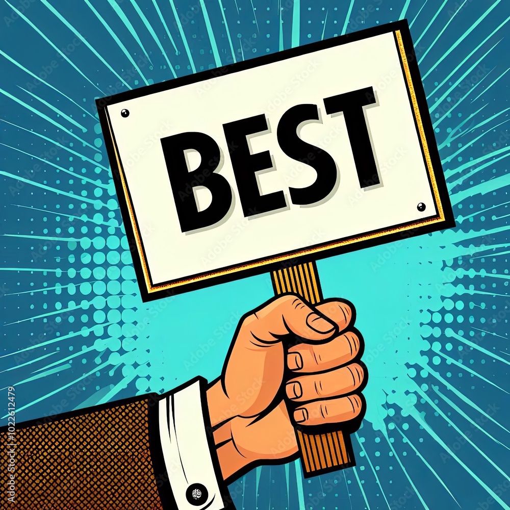 Hand holding a Best sign in pop art style with a blue halftone ...