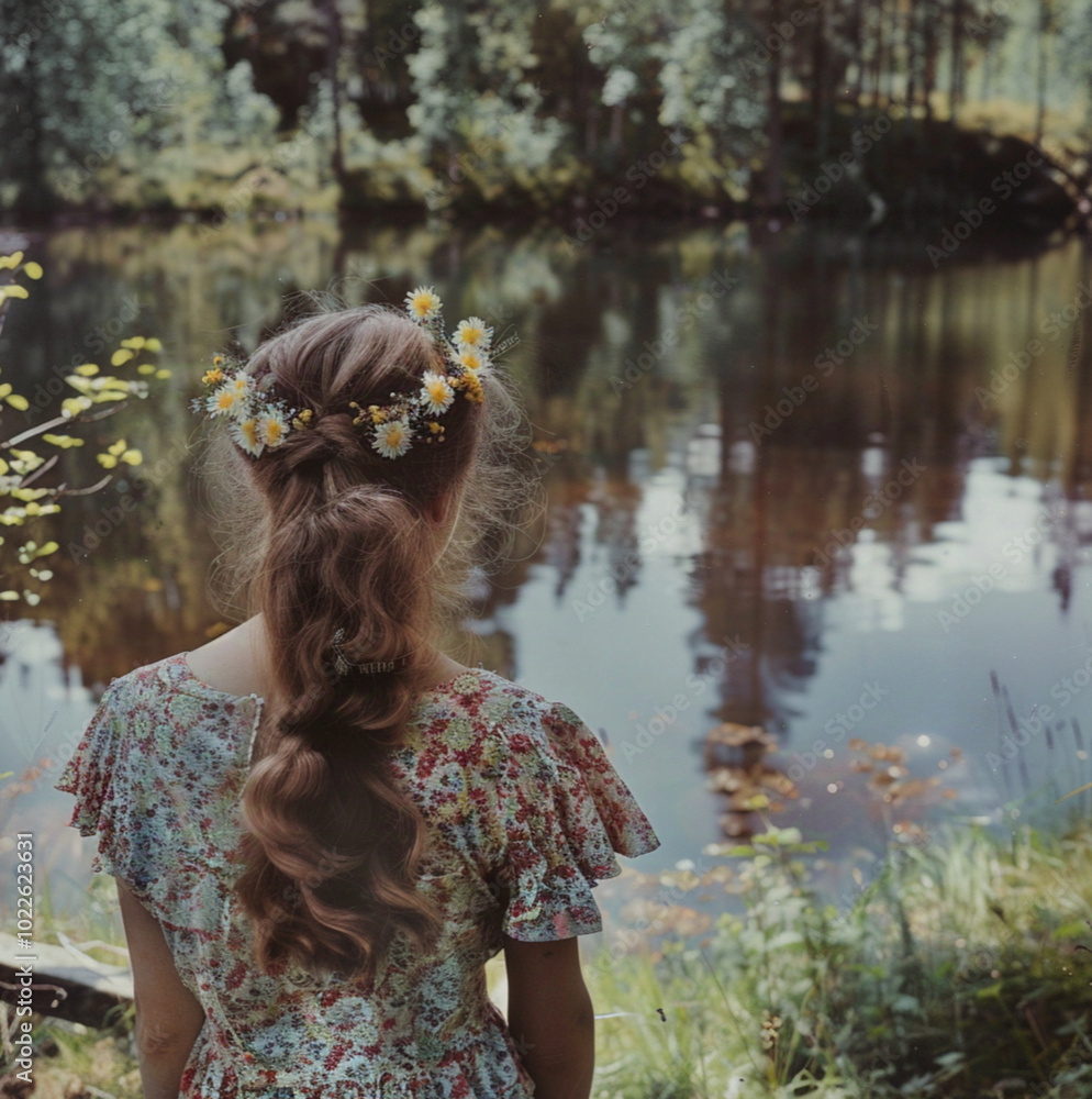 a young swedish girl standing on a pier, looking at a small swedish ...