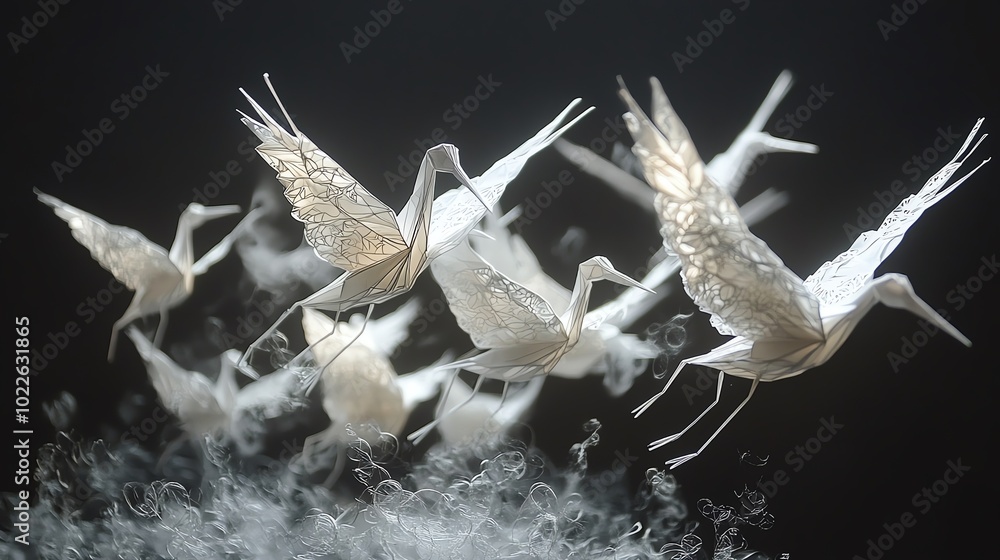 Paper cut origami cranes in flight with layers creating a sense of ...