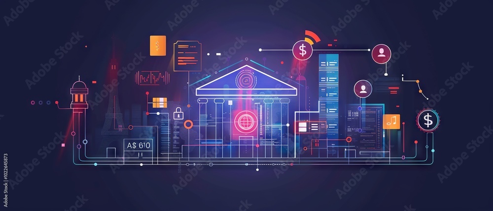 Fintech vector illustration featuring connected icons representing ...