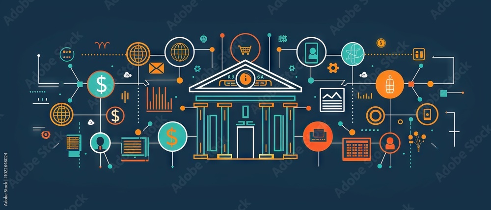 Fintech vector illustration featuring connected icons representing ...