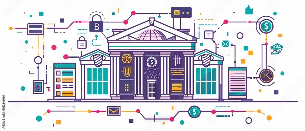 Fintech vector illustration featuring connected icons representing ...
