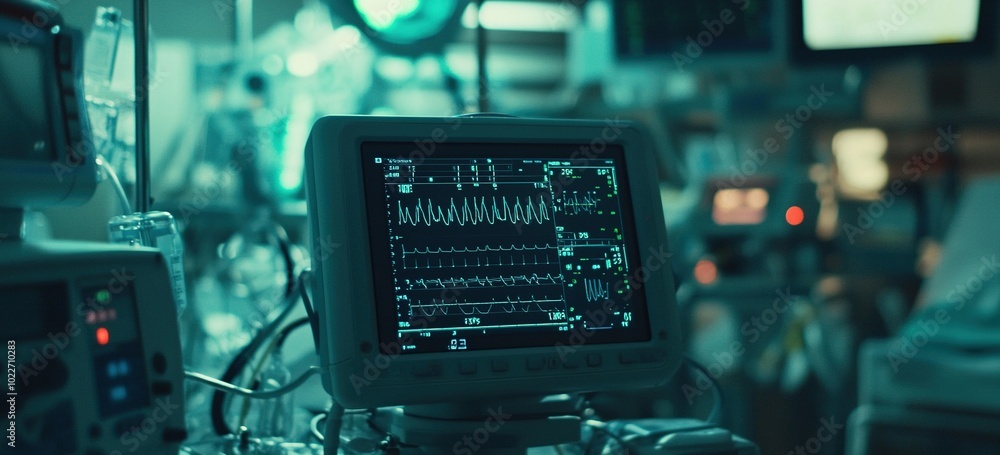 A close-up of an ICU monitor displaying various life support machines ...