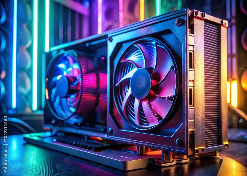 Close-Up of Video Card GPU with Neon Lighting in Gaming PC Case for ...