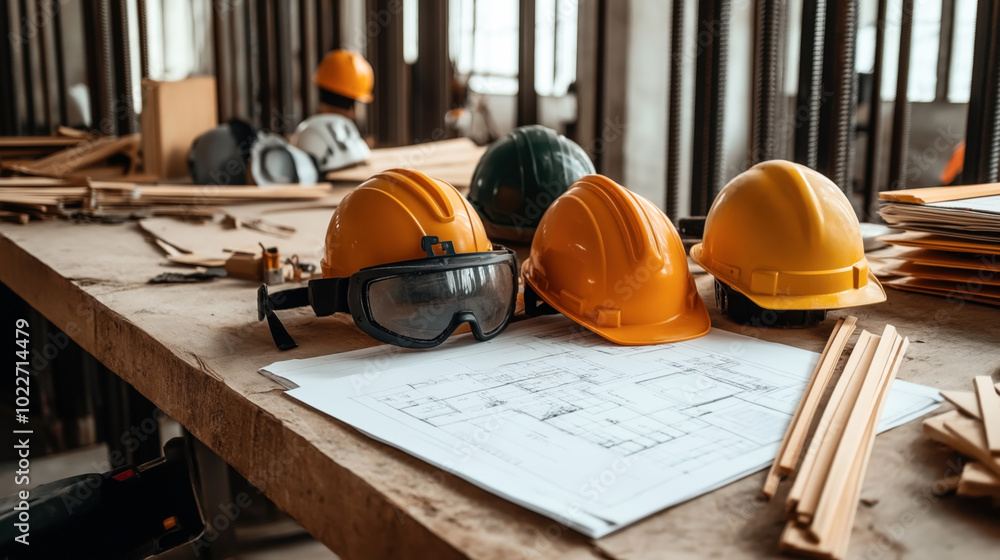 Construction site table with yellow safety helmets, goggles, blueprints ...