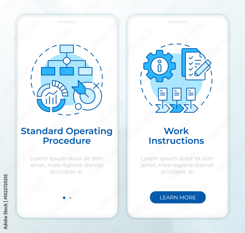 Benefits of sop blue onboarding mobile app screen. Walkthrough 2 steps ...