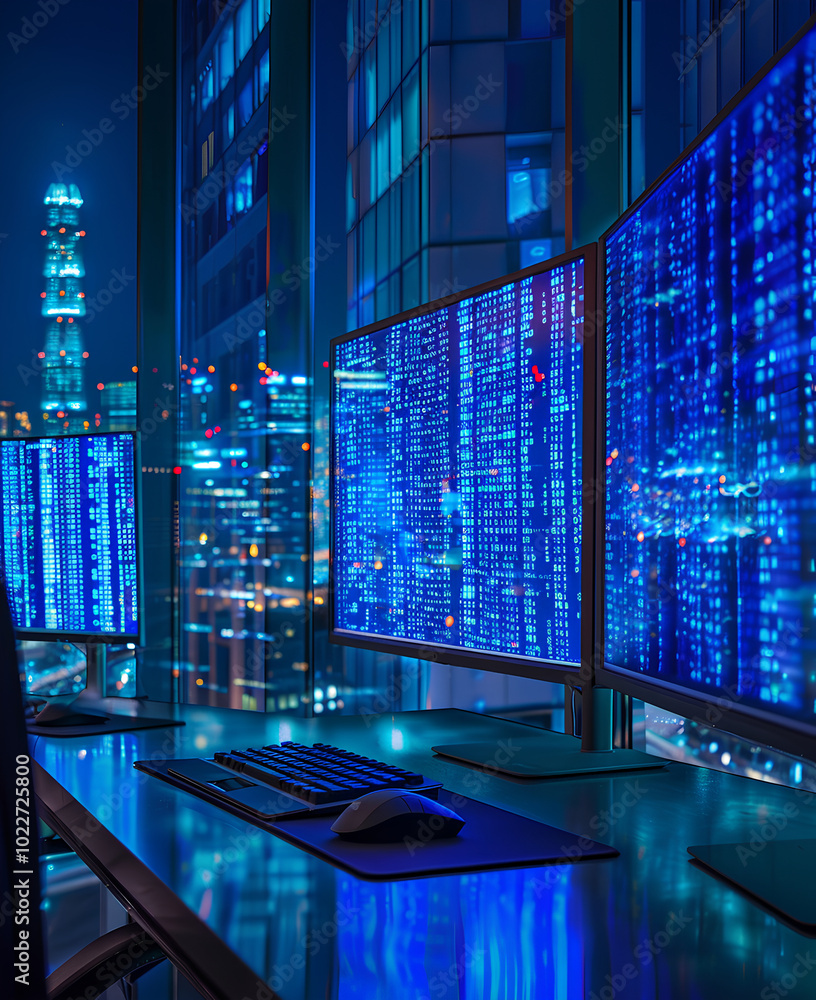 computer desk with multiple monitors displaying blue and green code, symbolizing the digital ...