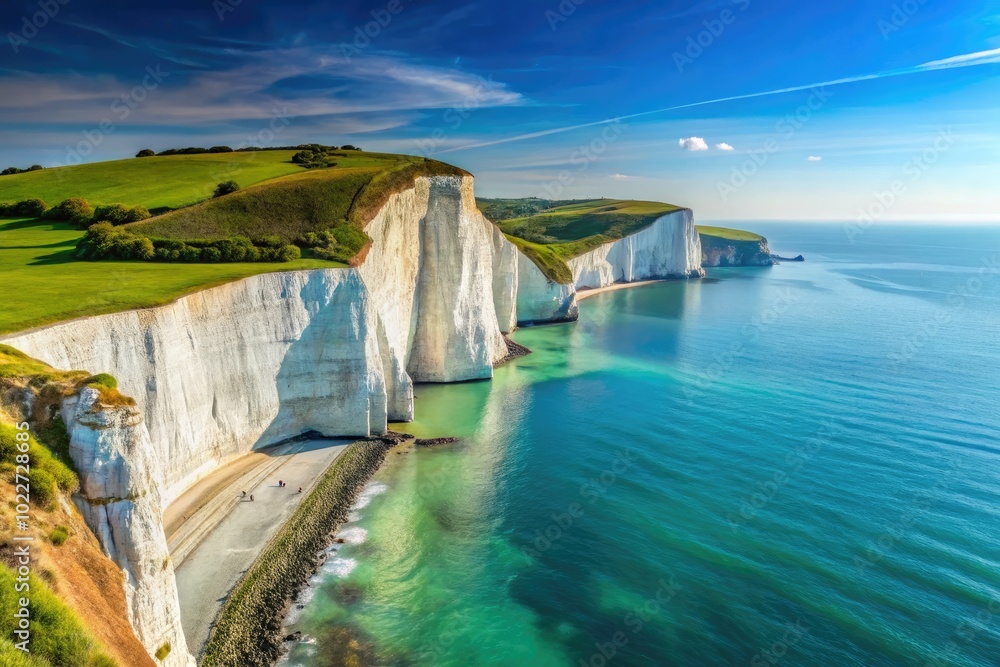 Scenic view of the iconic white chalk cliffs of Dover against a clear ...