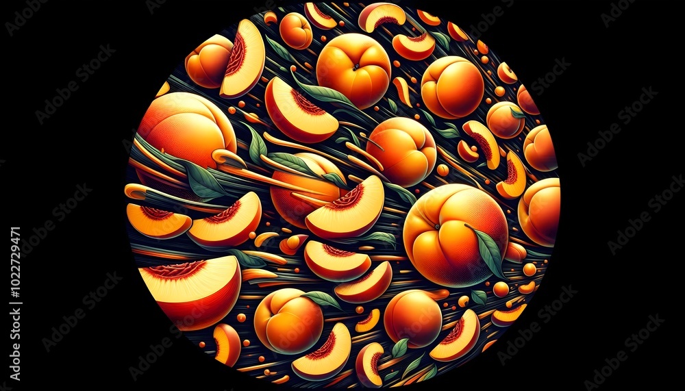 Fish eye photo of pattern with horizontal flow of flying juicy and ripe ...
