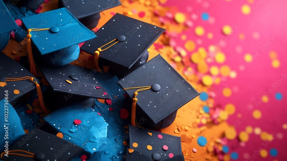 Happy graduation day banner festive caps confetti fun and cheerful ...