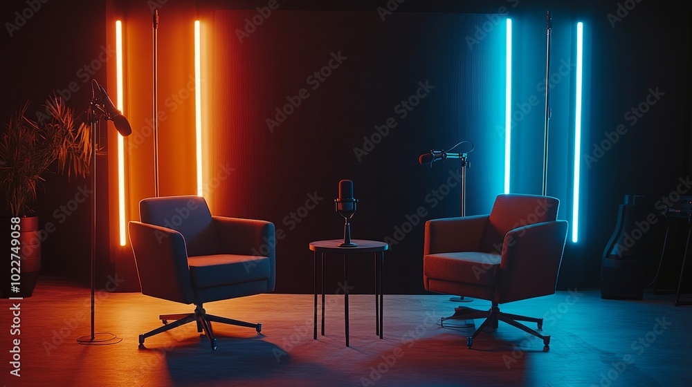 Clean and minimalist studio setup with two chairs, a small table, and ...