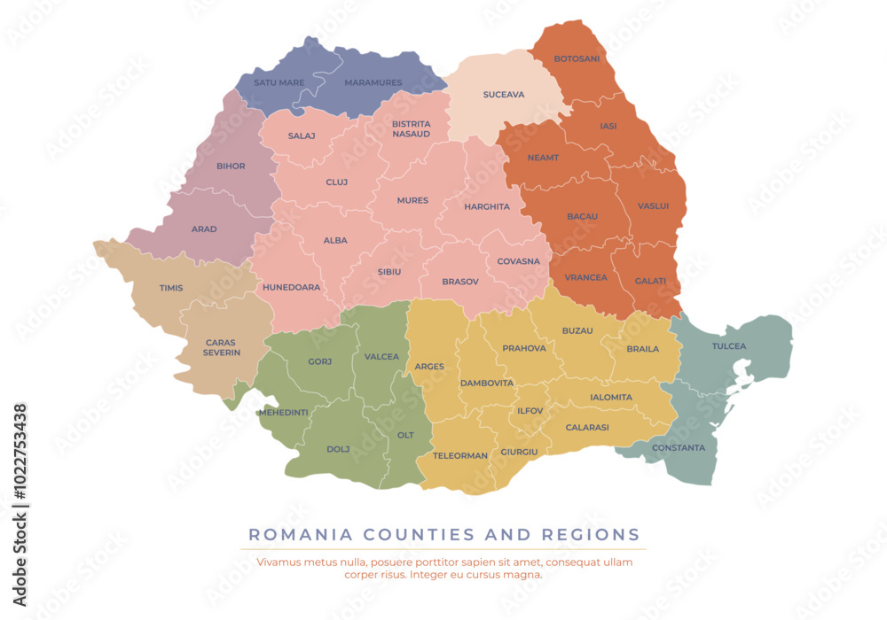 Poster Romania map with detailed counties and regions, isolated on ...