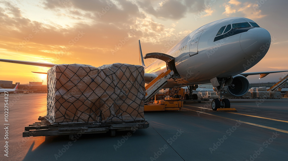 Cargo being loaded onto a large aircraft at an airport during sunset ...