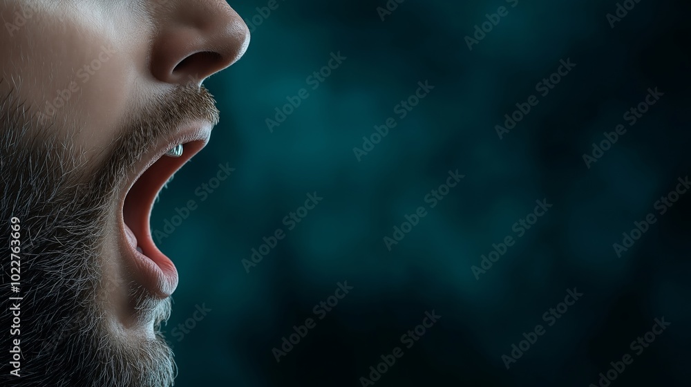 A close-up side profile of a man's open mouth, displaying a dramatic ...