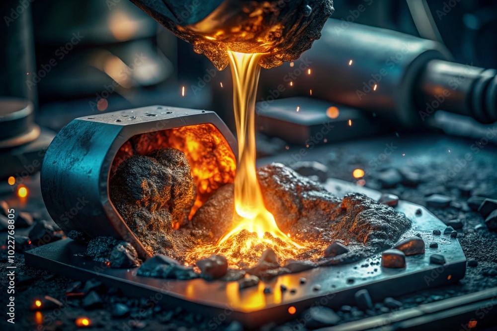 Hard work. Factory, industry, metallurgy. Casting of liquid steel from ...