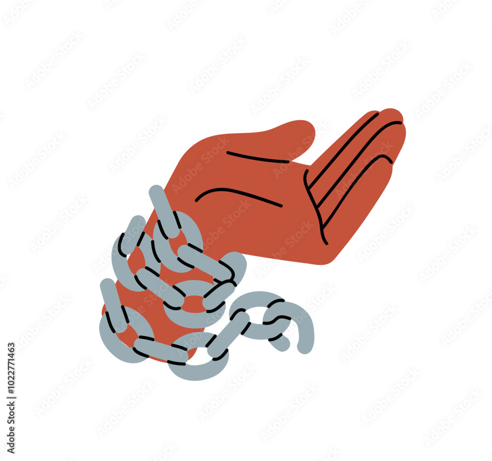 Iron chains wrapped around slave hand. Metal shackles on arm. Icon of ...