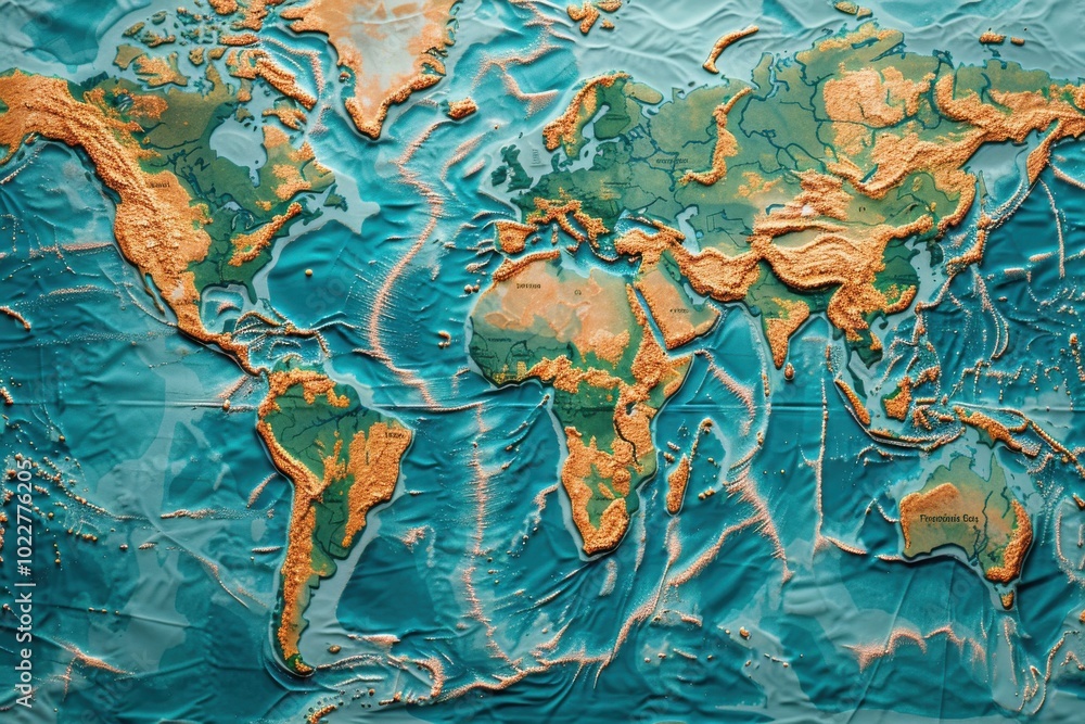 Relief map of the world showcasing physical geography with raised ...