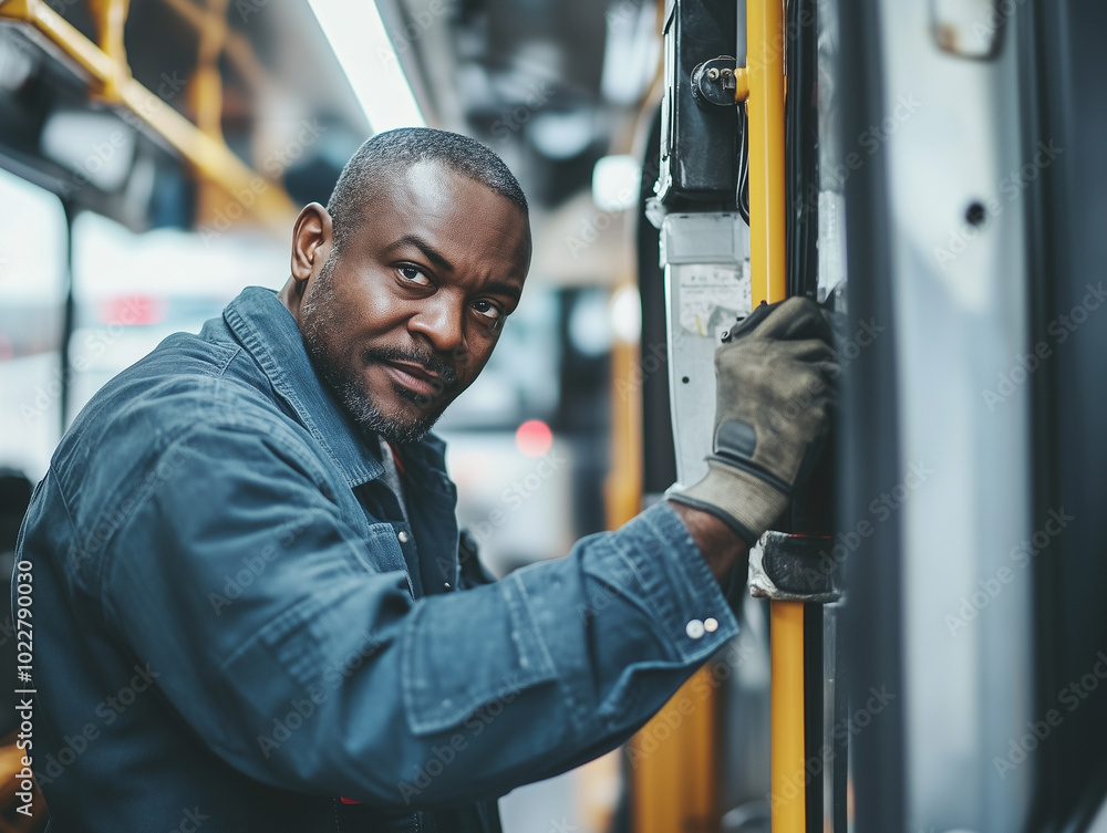 Bus mechanic performing routine maintenance on a city bus ...