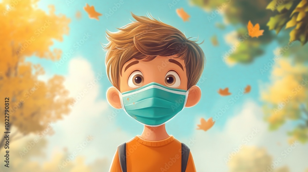 2D cartoon illustration featuring a cute boy wearing a face mask ...