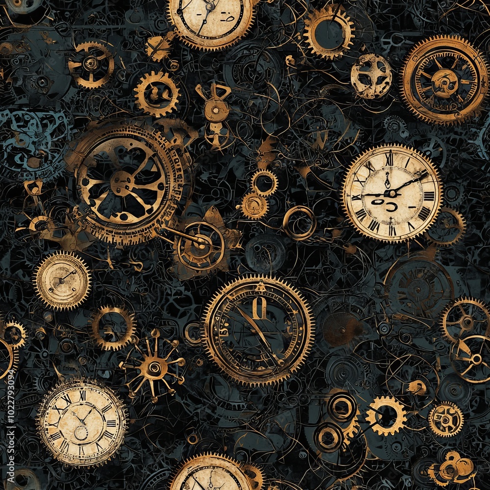 seamless pattern of steampunk-inspired gears and cogs interwoven with ...