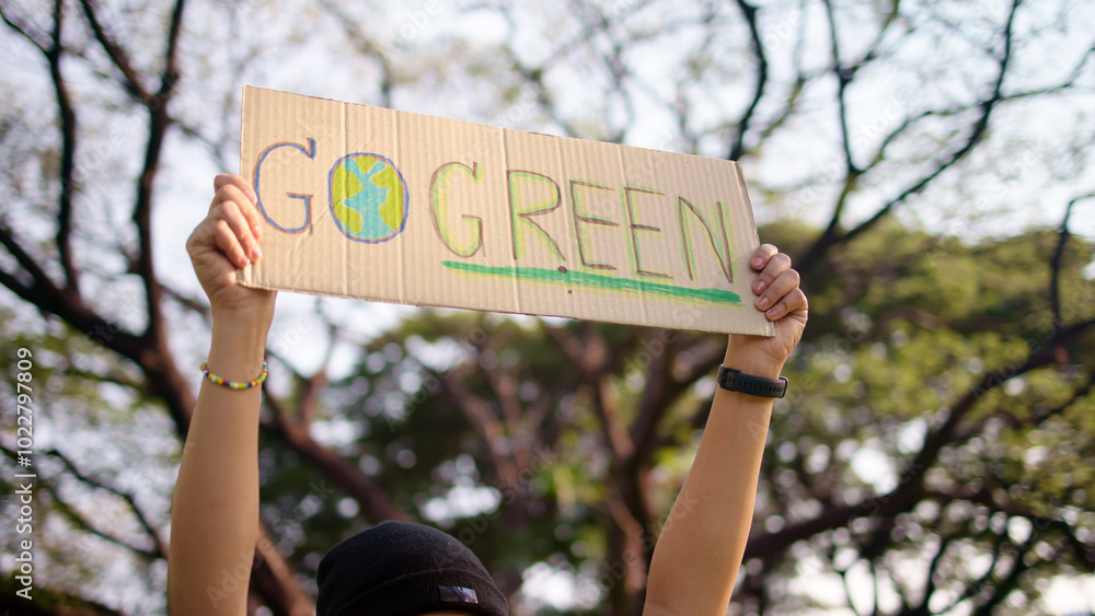 Go green people young woman hand raised showing save the earth planet ...