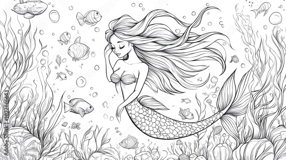 Charming mermaid and fish in an underwater scene Hand drawn 2D cartoon ...