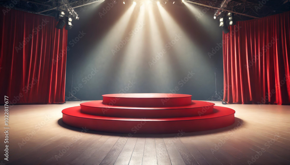 Elegant red stage with spotlight and curtains, preparing for a ...