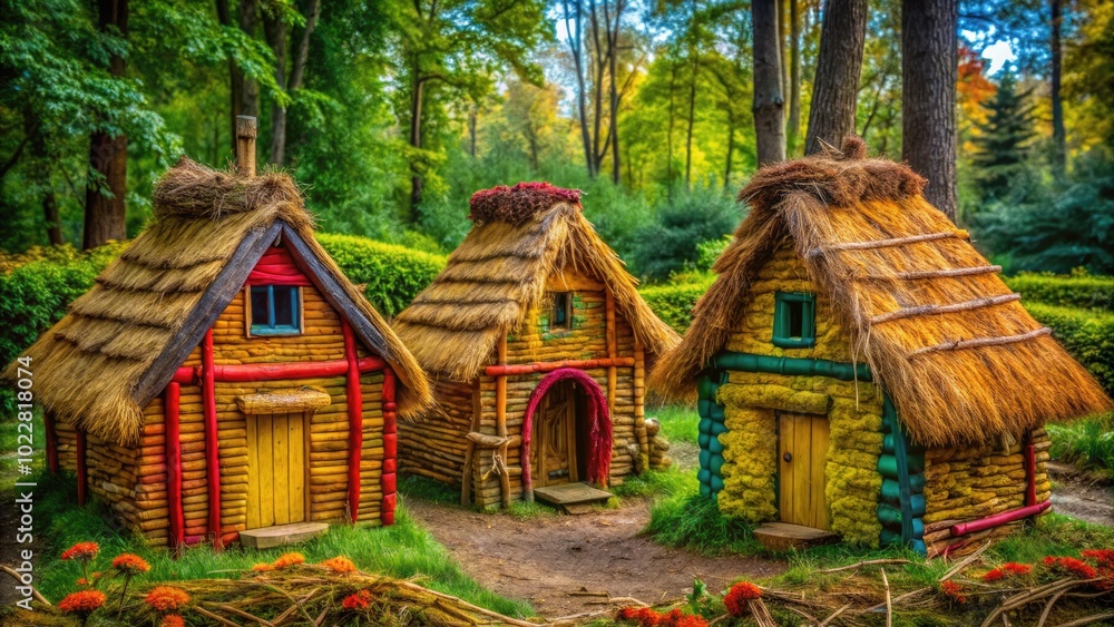 Three Little Pigs Houses in a Fairy Tale Setting with Straw, Sticks ...